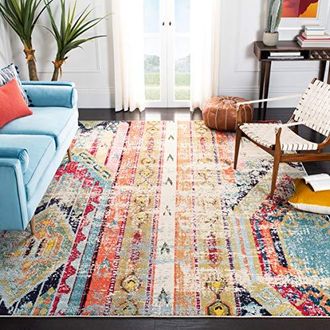 Safavieh Boho Teppich für Wohnzimmer, Esszimmer, Schlafzimmer - Madison Collection, Kurzer Flor, Blau und Orange, 200 x 200 cm