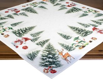 Delindo Lifestyle Tischdecke Weihnachten mit Glitzer, Mitteldecke mit Schneemann und Rentier Design, Weiß, 85x85 cm