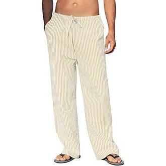 Generic Pantalon de yoga pour homme en coton et lin - Pantalon de pyjama pour homme - Grande taille - Ray&eacute; - Pantalon de loisirs - Jambe large - &Eacute;lastique - A