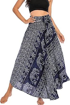 Feoya Jupe Longue Bohême Femme Jupe Gitane Fluide Hippie Taille Haute Élastique Jupes Indienne Maxi Robe Imprimé de Plage Vacances Robes Licou Dos Nu Sexy 2