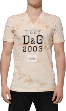 Dolce & Gabbana Homme, Tops, Beige, Taille: L Logo Print Short Sleeve V-neck T-shirt