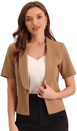 Allegra K Cardigan décontracté à col châle Ouvert sur Le Devant pour Blazer de Costume de Bureau à Manches Courtes pour Femmes Brun L