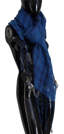 Costume National Womens Blue Linen Shawl Foulard Fringes Scarf