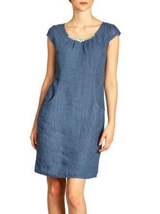 CASPAR Fashion Sommerkleid SKL018 knielanges Damen Sommer Leinenkleid mit Perlmutt Kn&ouml;pfe Dekor figurumspielender Schnitt, luftig leicht, angenehm k&uuml;hlend