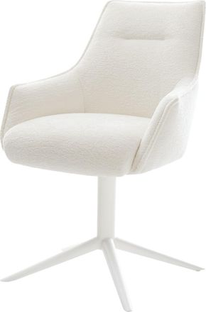 DELIFE Esszimmerstuhl Alja-Flex mit Armlehnen Fu&szlig;kreuz Wei&szlig; Boucl&eacute; Soft Beige 360&deg; drehbar Wippfunktion Taschenfederkern