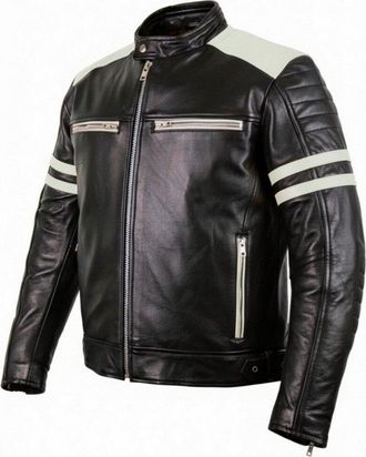 MDM Lederjacke Herren Motorrad Lederjacke Retro mit Streifen und Protektoren echtem Rindsleder, herausnehmbarem Thermofutter