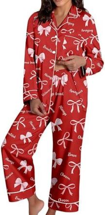 Generic Ensemble de pyjama en satin &agrave; manches longues pour femme - Imprim&eacute; mignon - V&ecirc;tement de nuit l&eacute;ger pour le printemps - V&ecirc;tements de nuit boutonn&eacute;s - V