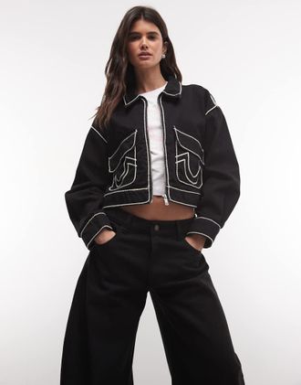 True Religion veste en jean noire d&eacute;lav&eacute;e avec motif au dos en point de corde
