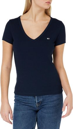 Tommy Jeans Damen T-Shirt Kurzarm Slim V-Ausschnitt, Blau (Dark Night Navy), XXS