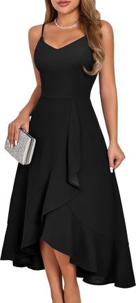 Dresstells Schwarzes Kleid Damen Elegant Cocktailkleid Festlich Träger Hochtief Kleider für Hochzeit Knielang Rüschensaum Sommerkleid Vintage Große Größen Partyk