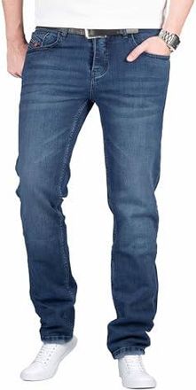 Alessandro Salvarini Jean stretch pour homme Coupe droite - 98 % coton, 5 poches, boutonni&egrave;re, pantalon long, bleu, 32W / 34L