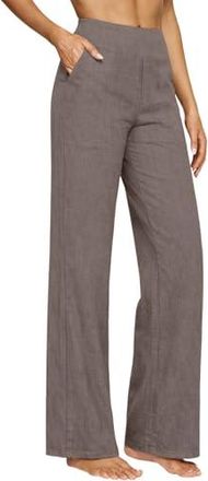 Generic Pantalon de loisirs pour femme en m&eacute;lange de coton et de lin, coupe haute, jambe large, boutonni&egrave;re, jambe droite, pantalon de fitness pour femme, kak