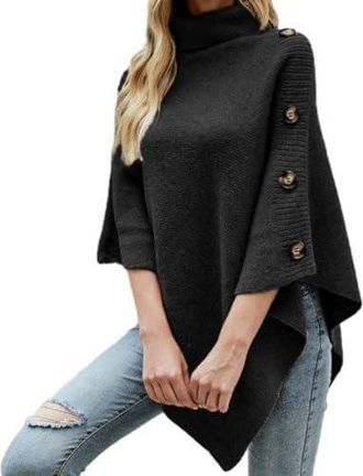 Generic Cape en tricot élégante pour femme - Poncho ample et décontracté - Col roulé, Noir, F