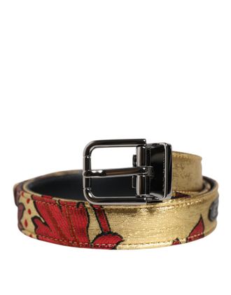 Dolce & Gabbana Mens Gold Floral Jacquard Silver Metal Buckle Belt