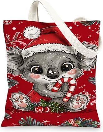 Generic Sacs fourre-tout en toile avec motif animal mignon, adorable koala, sacs dépicerie réutilisables, légers et lavables, rouge, 33 x 38 cm