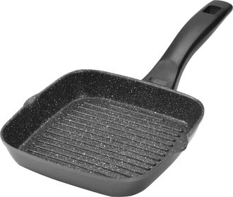 STONELINE Gourmundo Grillpfanne, 16 x 16 cm, Aluguss Pfanne antihaftbeschichtet mit echten Steinpartikeln, Schüttkerben, schwarz, Kleine Pfanne Induktion und ba
