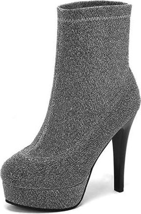 Generic Bottines tendance &agrave; paillettes avec bout rond et fermeture &eacute;clair lat&eacute;rale pour femme, gris, 38.5 EU