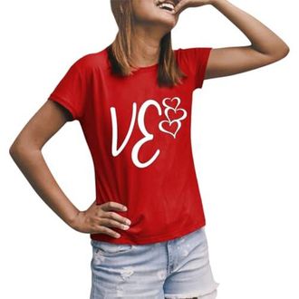 Generic T-shirt &agrave; manches courtes pour femme avec lettres imprim&eacute;es coeur 2026, Rouge, M