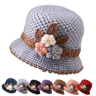Generic Chapeau de laine tricot&eacute; &agrave; fleurs pour femme, chapeau en laine tricot&eacute;e &agrave; fleurs pour femmes, chapeaux mignons pour femmes, gris, Taille unique