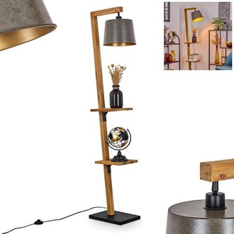 HOFSTEIN Stehleuchte Baval, moderne Stehlampe aus Metall/Holz in Schwarz/Natur/Nickel-Antik/Gold, Standlampe m. verstellbarem Schirm, Fu&szlig;schalter am Kabel u. A