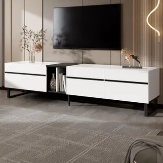 STILVORA Meuble TV avec 2 Portes, 1 Abattant et Niche Ouverte, Style Minimaliste, pour Salon, en Panneaux, 180&times;38&times;45 cm, Blanc
