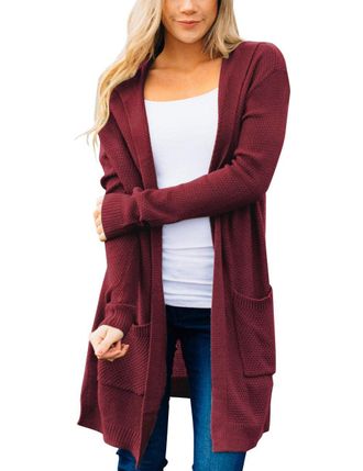 Merokeety Damen langarm vorne offen hoodie strickpullover strickjacke mit taschen X-Large Burgundy