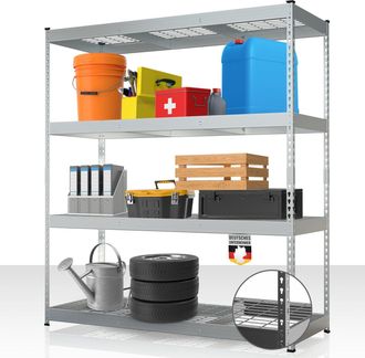 Floordirekt Schwerlastregal Yukon Rivet 180 x 160 x 60 cm, 4 Etagen Verzinkt | Stahlregal mit Gitterb&ouml;den | 250-350 kg Tragkraft je Etage | Verschiedene Gr&ouml;&szlig;en & 