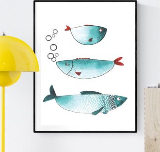 Nacnic Drei Blaue Fische Poster. Aquarell-Art-Gemälde mit Bildern von Fischen und Meeresleben. Hauptdekor für Naturliebhaber. Größe A4