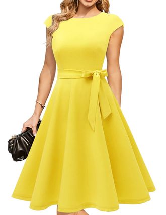 Dresstells Cocktailkleid Damen Gelb Elegant 1950er Knielang Rockabilly Hochzeitkleid Abendkleid Kurz Vintage A-Line Swing Festlich Midilang Sommer Kleid Yellow 2