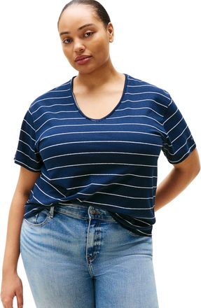 Tommy Hilfiger Damen T-Shirt Kurzarm Modern Linen mit V-Ausschnitt, Mehrfarbig (Big Stp Dark Night Navy), 54
