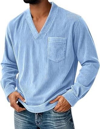 Generic T-shirts &agrave; manches longues en velours c&ocirc;tel&eacute; pour homme - Couleur unie - Haut d&eacute;t&eacute; tendance - Col en V - Coupe ample - Confortable - Respirant - V&ecirc;tem