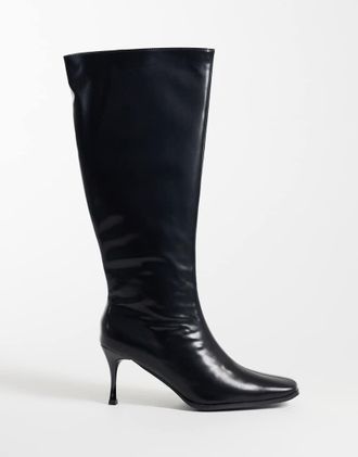 Glamorous kniehohe Stiefel mit Absatz und eckiger Zehenpartie aus schwarzem PU
