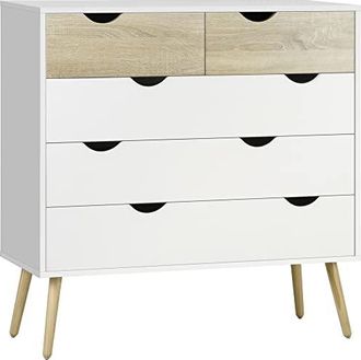 HOMCOM Commode 5 tiroirs Meuble de Rangement Chambre Design scandinave en Bois 99 x 39 x 101 cm Blanc Aspect ch&ecirc;ne Clair