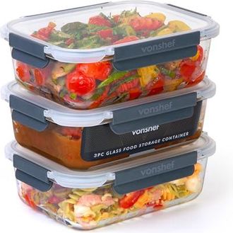 VonShef VonHaus R&eacute;cipients en verre avec couvercles - Lot de 3 bo&icirc;tes repas meal prep de 1500ml de capacit&eacute;, compatibles four et lave-vaisselle, fermeture her