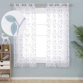 Deconovo 2 Vorhänge, Stickerei, Leinenoptik, Motiv Vorhänge, Schlafzimmer, Jungen, Blau/Grün, 140 x 183 cm (B x H)