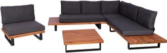Hhg Garten-Garnitur mit Sessel HHG-469, Lounge-Set Sofa, Spun Poly Akazie Holz MVG Aluminium braun, Polster dunkelgrau