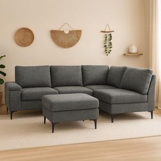 Concept Usine | Canap&eacute; dAngle 4/5 Places Colchester Gris Anthracite | Tissu Chenille Textur&eacute; | Pouf Ind&eacute;pendant Modulable | Confort Enveloppant | Assise avec Ressor