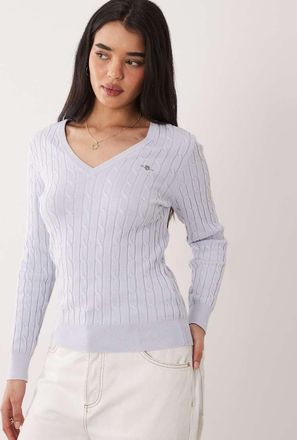 GANT Pull en maille torsad&eacute;e &agrave; col en V - Bleu pastel