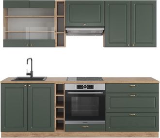 Vicco Küchenzeile Fame-Line, Grün-Gold Landhaus/Goldkraft Eiche, 235 cm ohne Arbeitsplatte