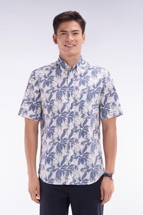 Eden Park Chemise &Agrave; Manches Courtes En Popeline De Coton Blanche Imprim&eacute; Fleurs Bleu Coupe Droite