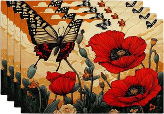 Generic Tischsets mit Schmetterlings- und Mohnblumen, rote Blumen-Tischsets für Sommeressen, rutschfest, waschbar, Dekoration für drinnen und draußen, 4 Stück