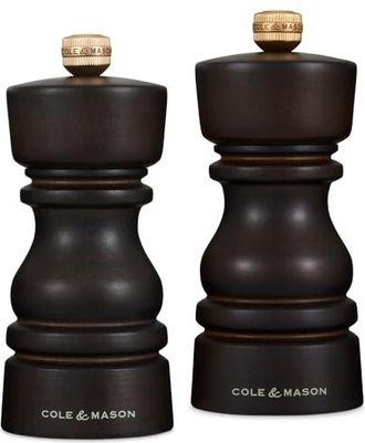 Cole & Mason London Salz und Pfeffermühle, 2er Set Manuell mit Einstellbar, Schokolade Holz, 13cm, Precision+ mit Keramikmahlwerk und Carbonmahlwerk, Gewürzmühle, 