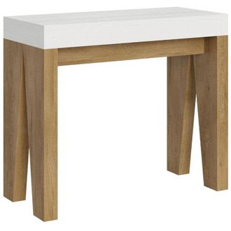 Les Tendances Console extensible blanche pieds bois naturel 8 personnes 40 &agrave; 196cm Naxo-Support 2 pieds