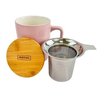 Nerthus Kitchenware FIH 1570 Keramikbecher, 375 ml, mit Edelstahl-Teesieb und Bambusdeckel, elegantes Design, ideal f&uuml;r Tee und Tees, Fuchsienrosa