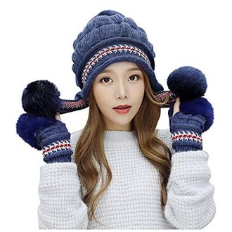 Generic Bonnet tricot&eacute; en laine &eacute;paisse pour femme, bleu, Taille unique