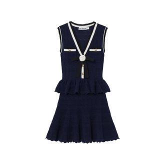 Self Portrait Navy Peplum Pointelle-knit Mini Dress