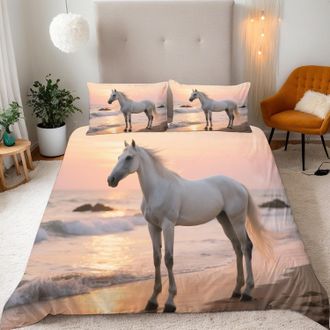 Generic Pferde und Strand Bettw&auml;sche 155x220 Tiermotive Bettw&auml;sche-Sets f&uuml;r Kinder Jungen Bettbezug Set 3D Druck Bettbez&uuml;ge Weiche Mikrofaser mit Rei&szlig;veschlus