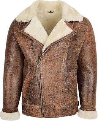 Generic Veste dhiver en cuir v&eacute;ritable pour homme - Style aviateur marron vintage - Col en fausse fourrure - Chaud, marron vintage, 3X-Large