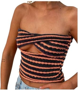 Generic Haut tube de plage en tricot pour femme 2025 dos nu avec bloc de couleurs mignon pour sortir, bandeau sans bretelles, tenue de rendez-vous galant, cam