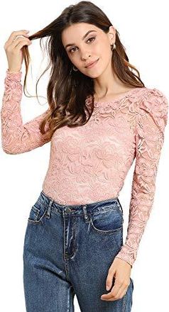 Allegra K Femme Haut Dentelle Floral à Manches Longues Bouffantese Semi-Transparente Chemisier Col Rond Rose M